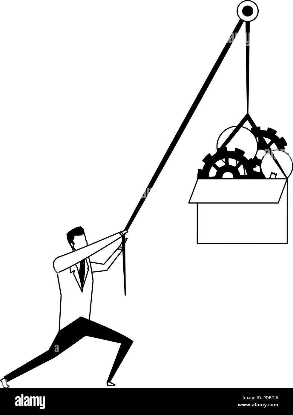 Businessman pulling box with gears and bulb inside in black and white ...