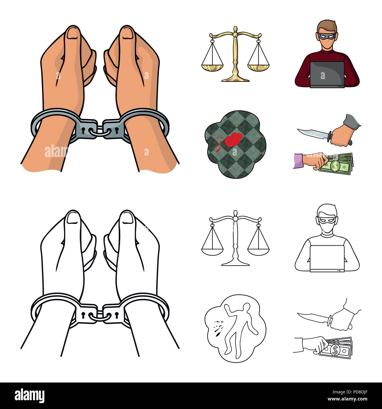 Handcuffs, scales of justice, hacker, crime scene.Crime set collection ...
