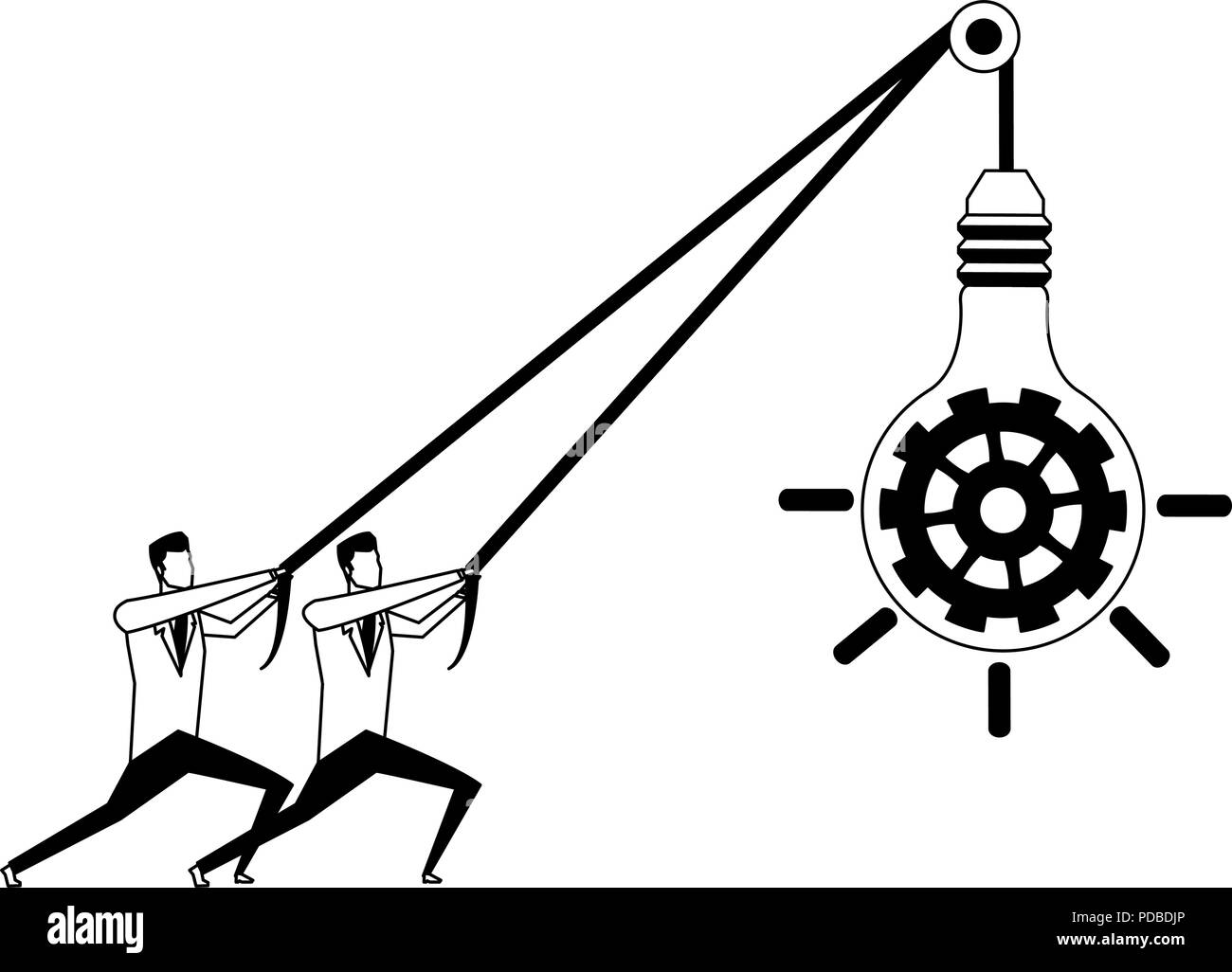 Businessmens pulling bulb light with gear inside in black and white ...