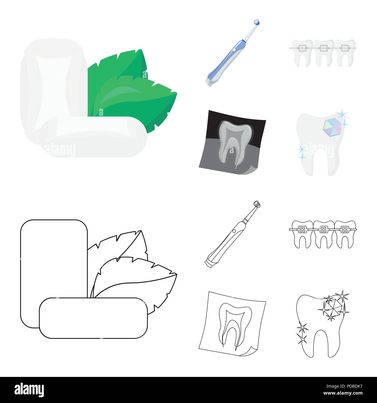 Mint chewing gum with mint leaves, toothbrush with bristles, bregettes ...