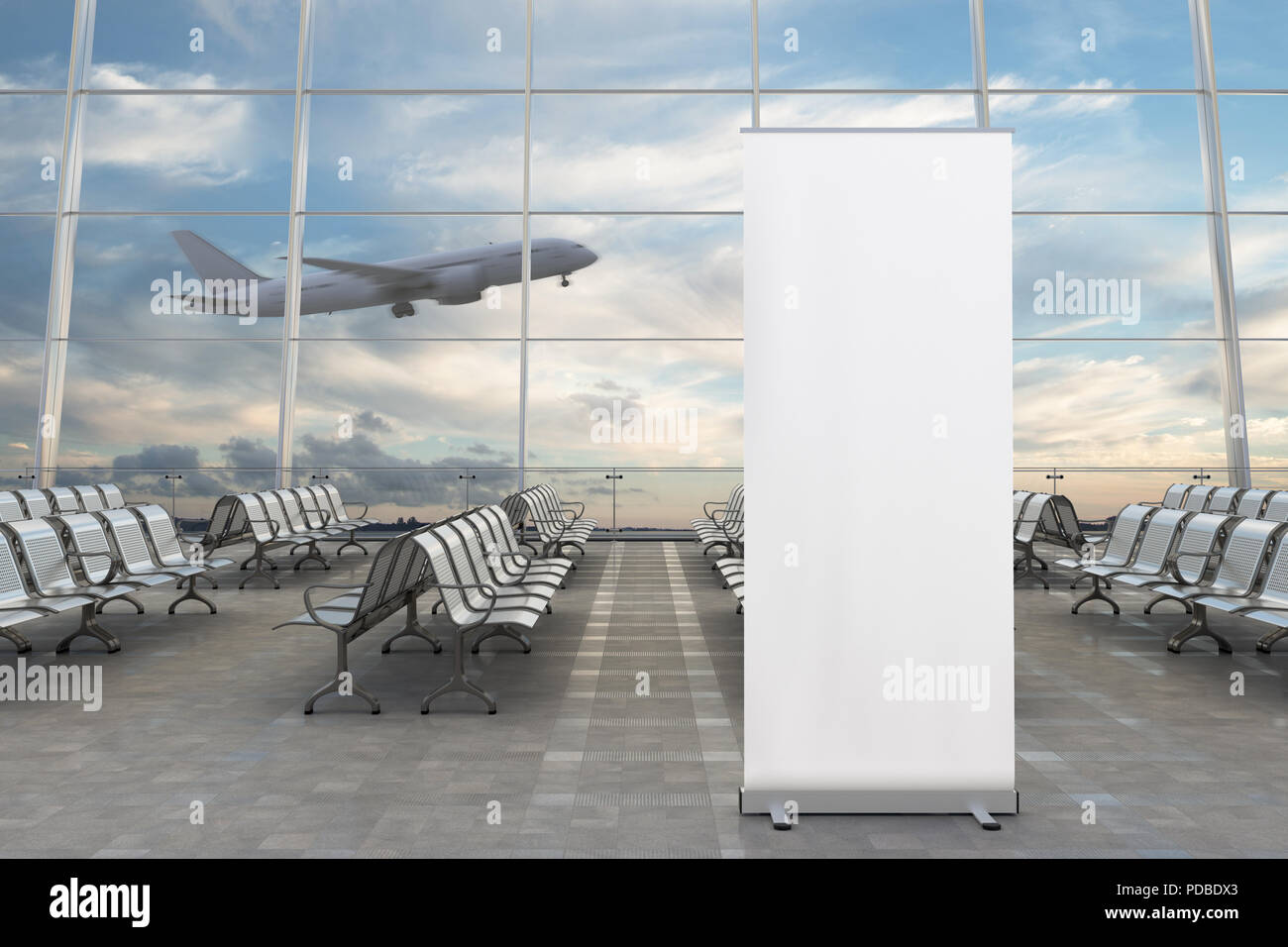 Blank roll up banner stand and airplane on background in airport ...