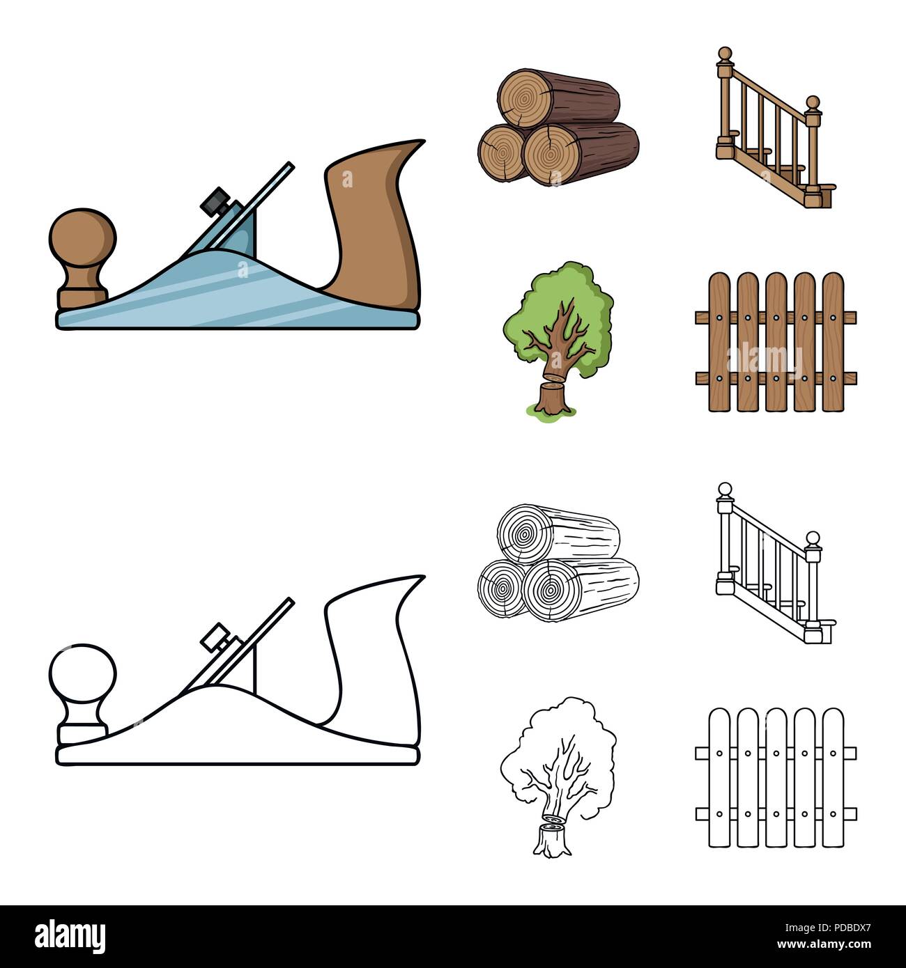 Logs in a stack, plane, tree, ladder with handrails. Sawmill and timber ...