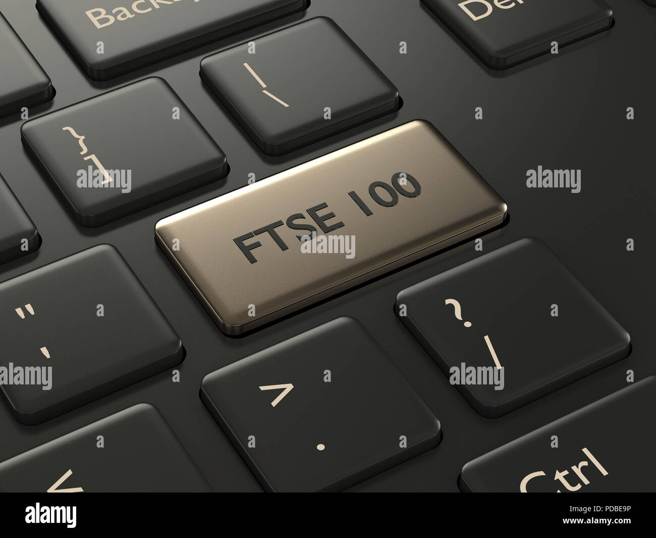 3d render closeup of computer keyboard with FTSE 100 index button ...