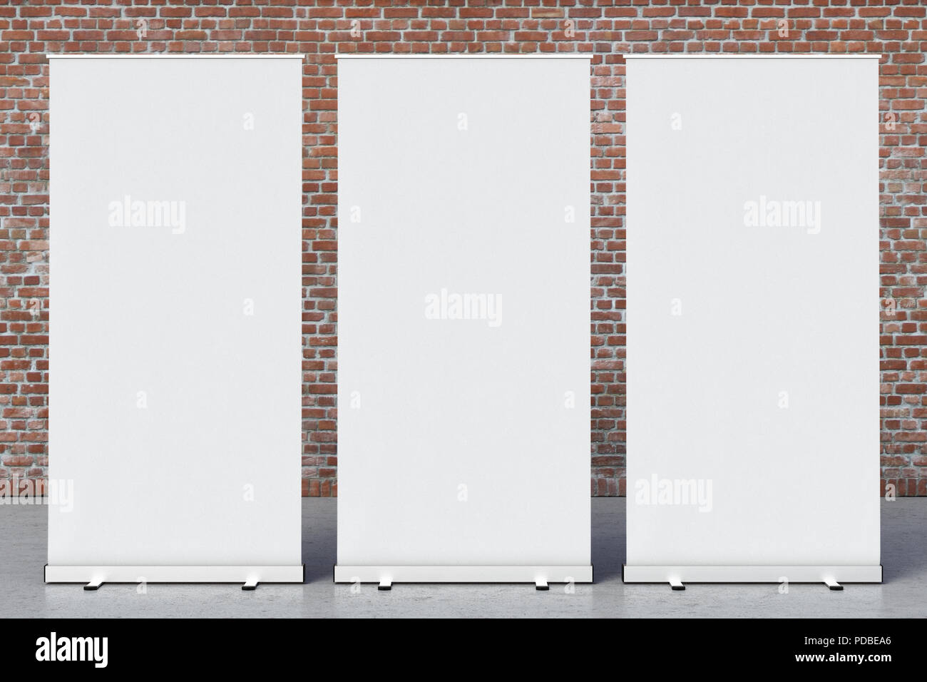 Three blank roll up banner stands with clipping path around banner ...