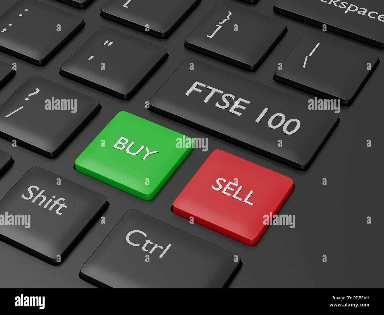 3d render closeup of computer keyboard with FTSE 100 index button ...