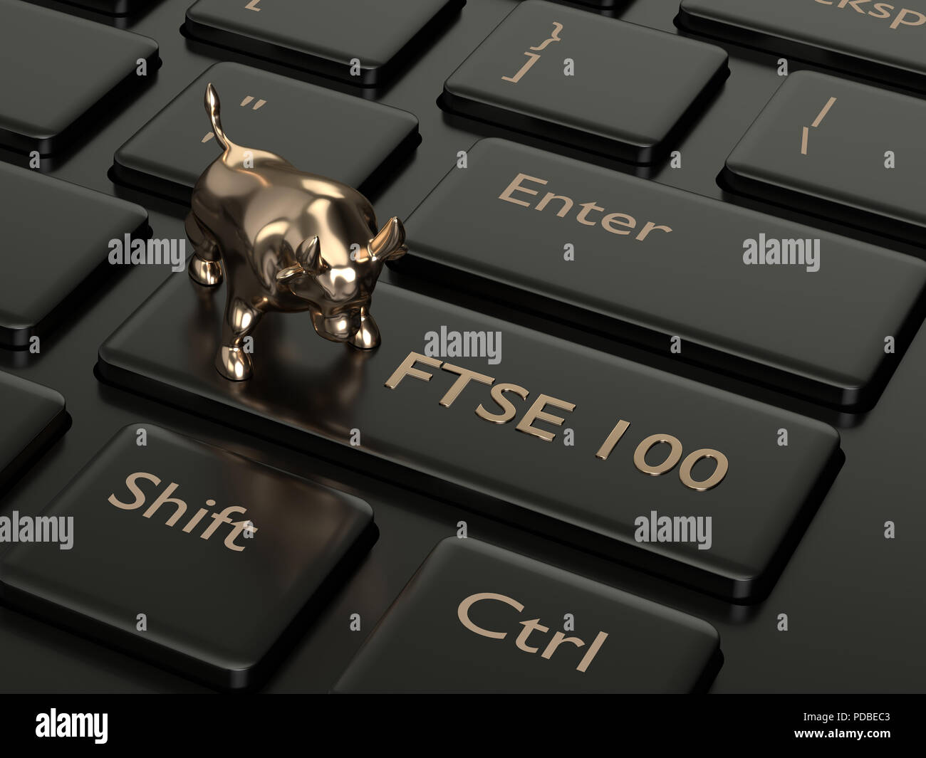 3d render closeup of computer keyboard with FTSE 100 index button ...