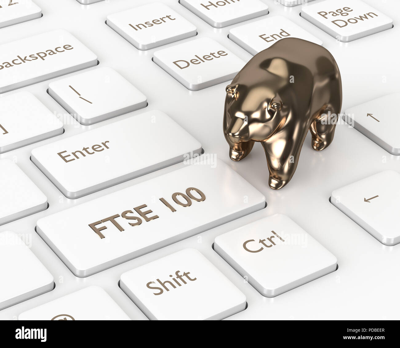 3d render closeup of computer keyboard with FTSE 100 index button ...