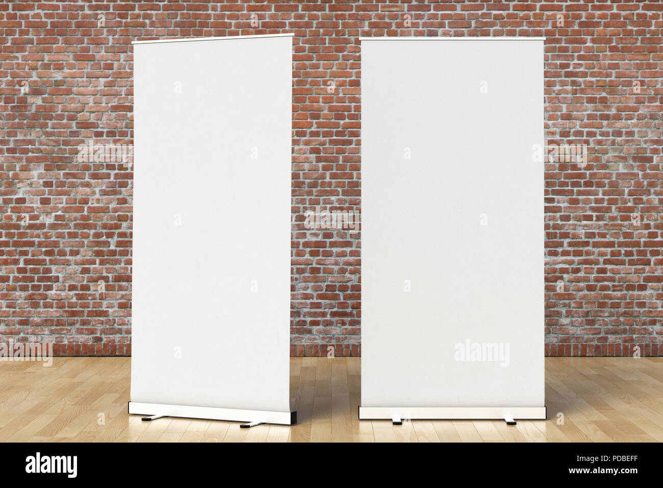 Two blank roll up banner stands with clipping path around banner poster ...
