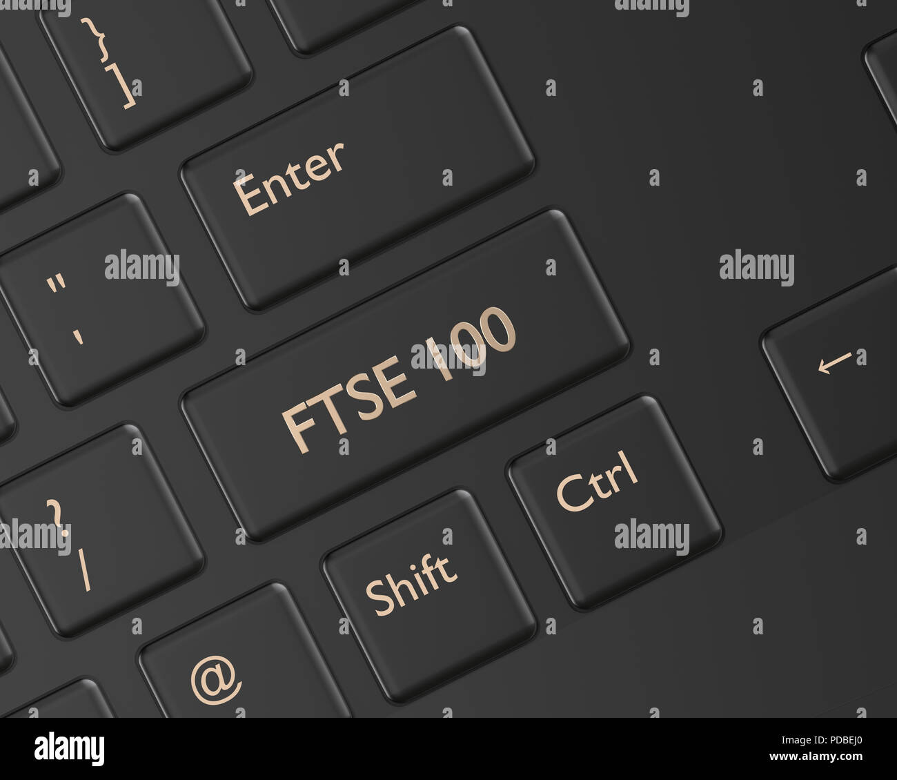 3d render closeup of computer keyboard with FTSE 100 index button ...