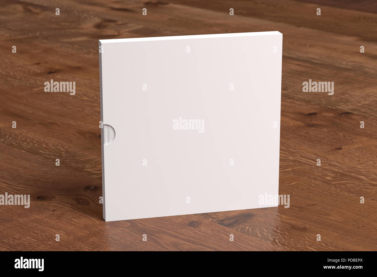 Blank square book in box standing on wooden background. 3d render Stock ...