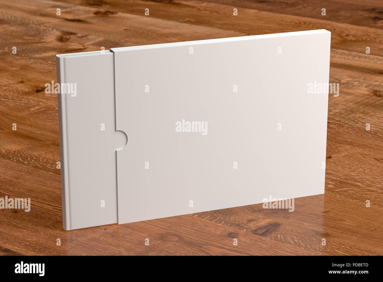 Blank horizontal book in box standing on wooden background. 3d render ...