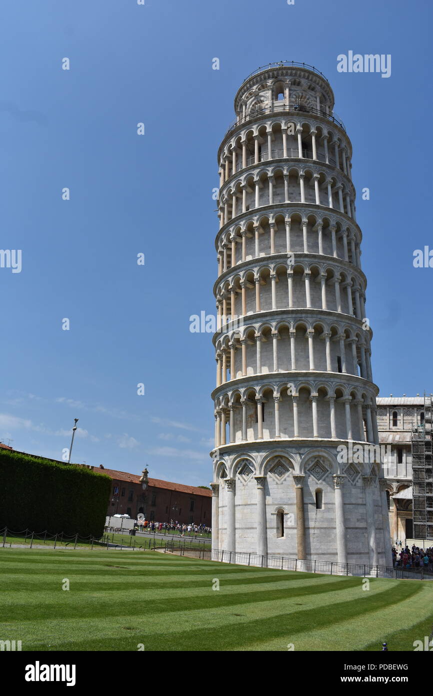 The Leaning Tower of Pisa on a Sunny Day with Blue Sky and Green Grass ...