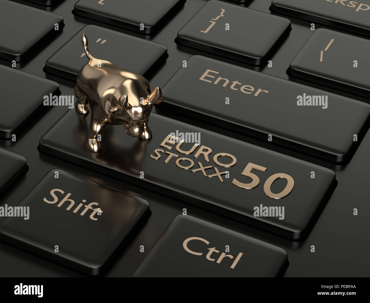 3d render closeup of computer keyboard with EURO STOXX 50 index button ...