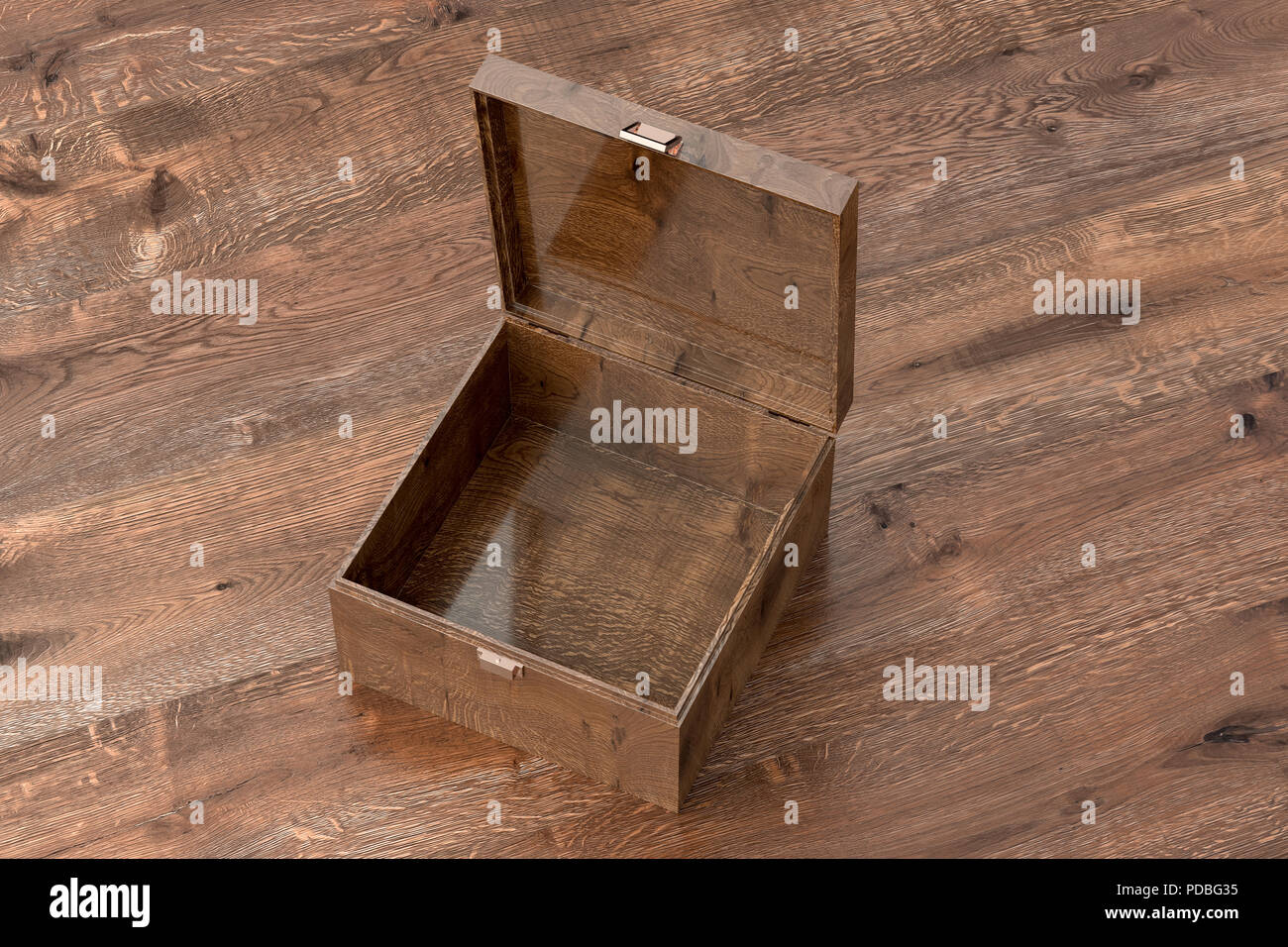 Open empty dark wooden small chest or casket on wooden background ...