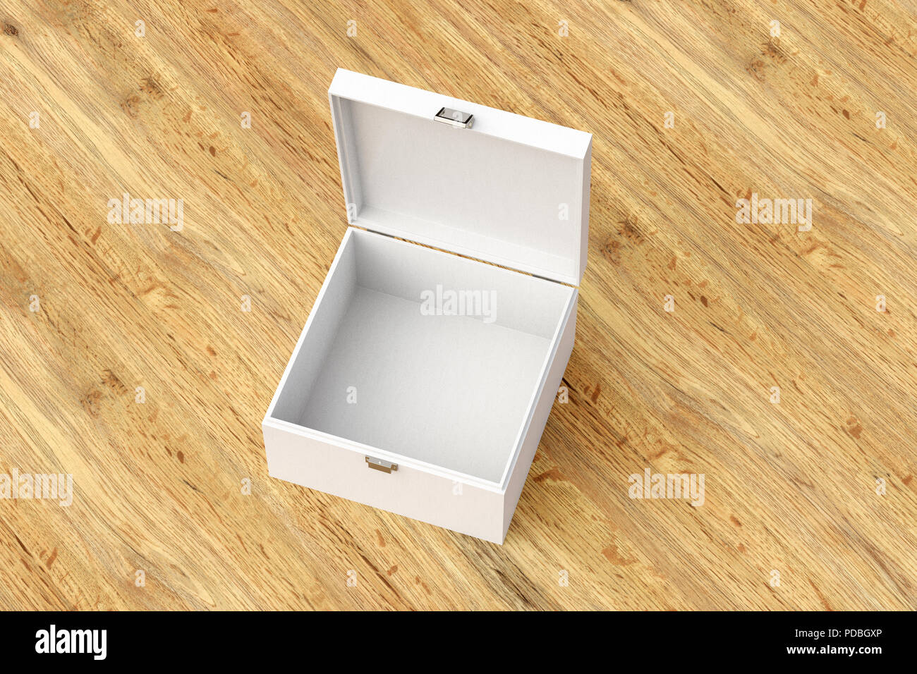 Open empty white small chest or casket on wooden background. Include ...