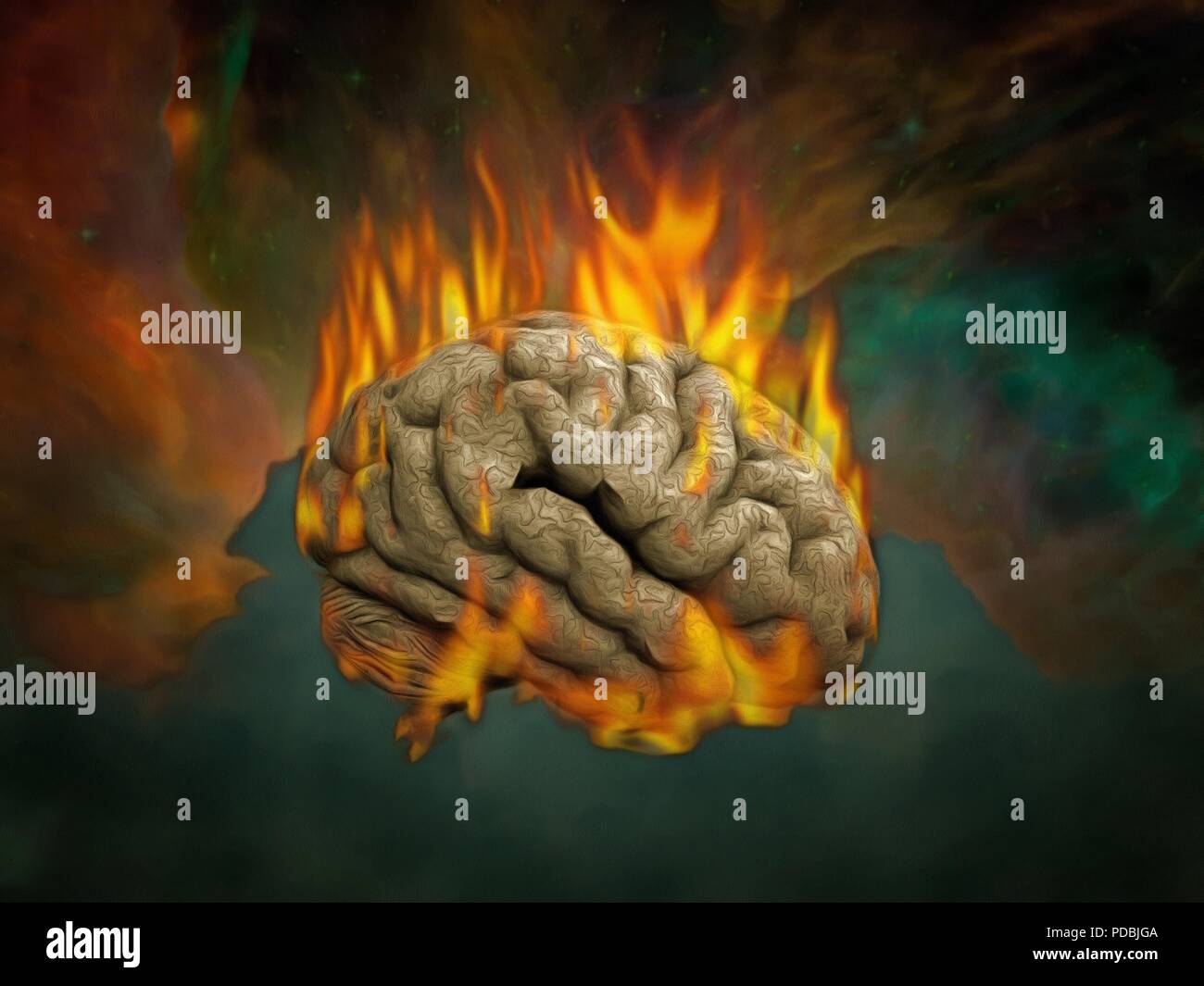 Surreal painting. Burning brain Stock Photo - Alamy