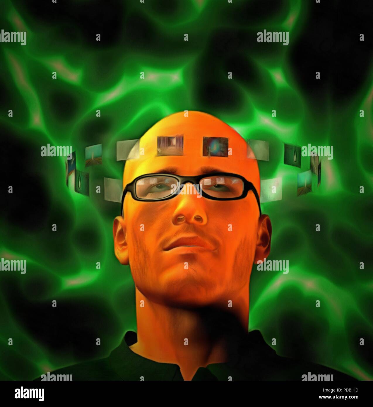 Futuristic digital painting. Bald man in glasses with hologram screens ...