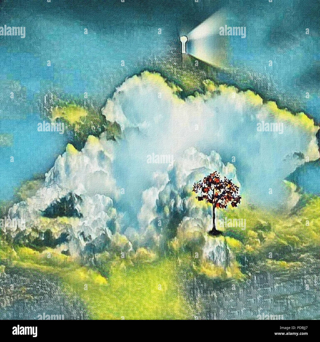 Surreal painting. Keyhole in cloudy sky. Tree with red leaves Stock ...