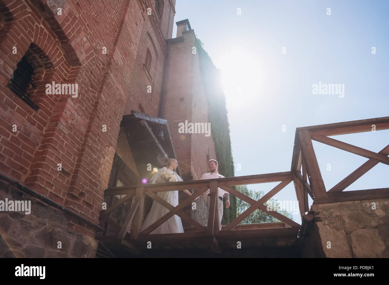 bottom view of bride and groom in front of entrance to ancient castle ...