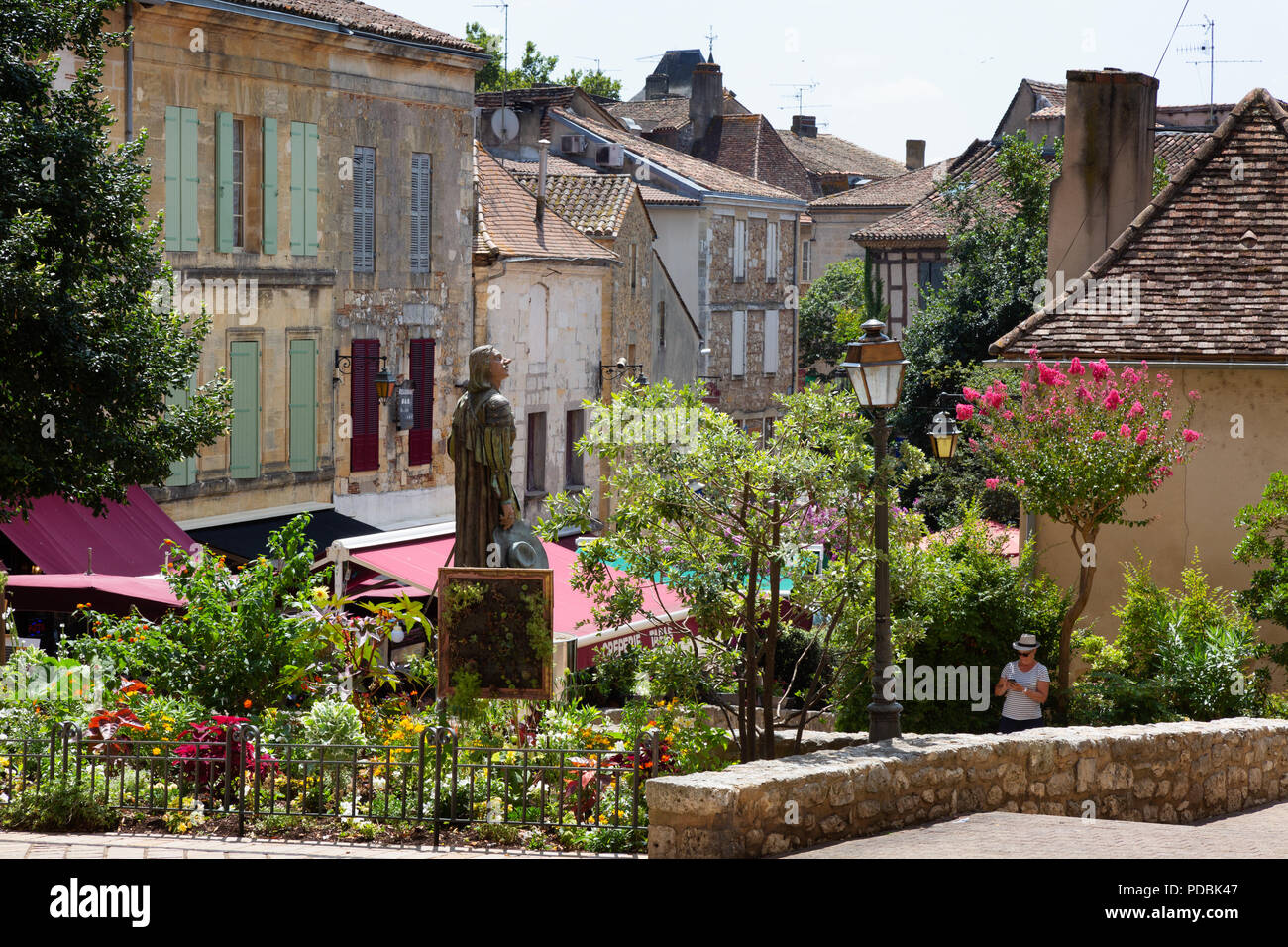 Bergerac Old Town centre - with the new statue of Cyrano de Bergerac ...
