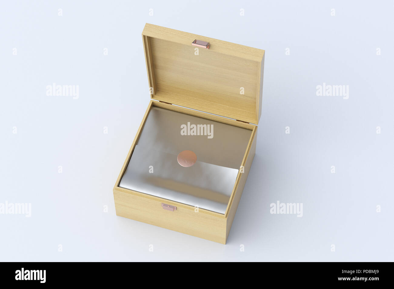 Open wooden small chest or casket with foil on white background ...