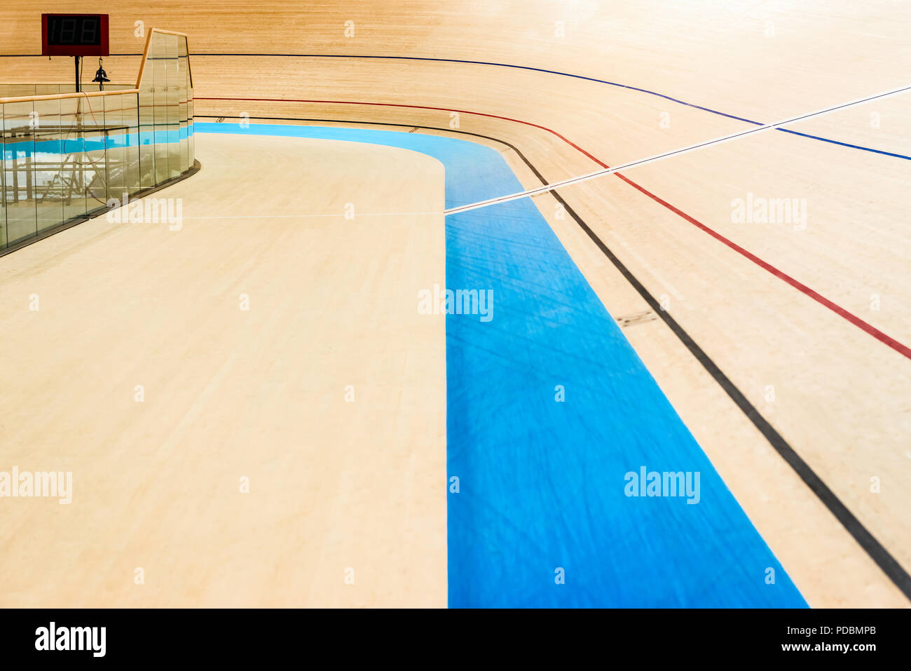 Velodrome cycling track empty curved high wooden floor with markings ...