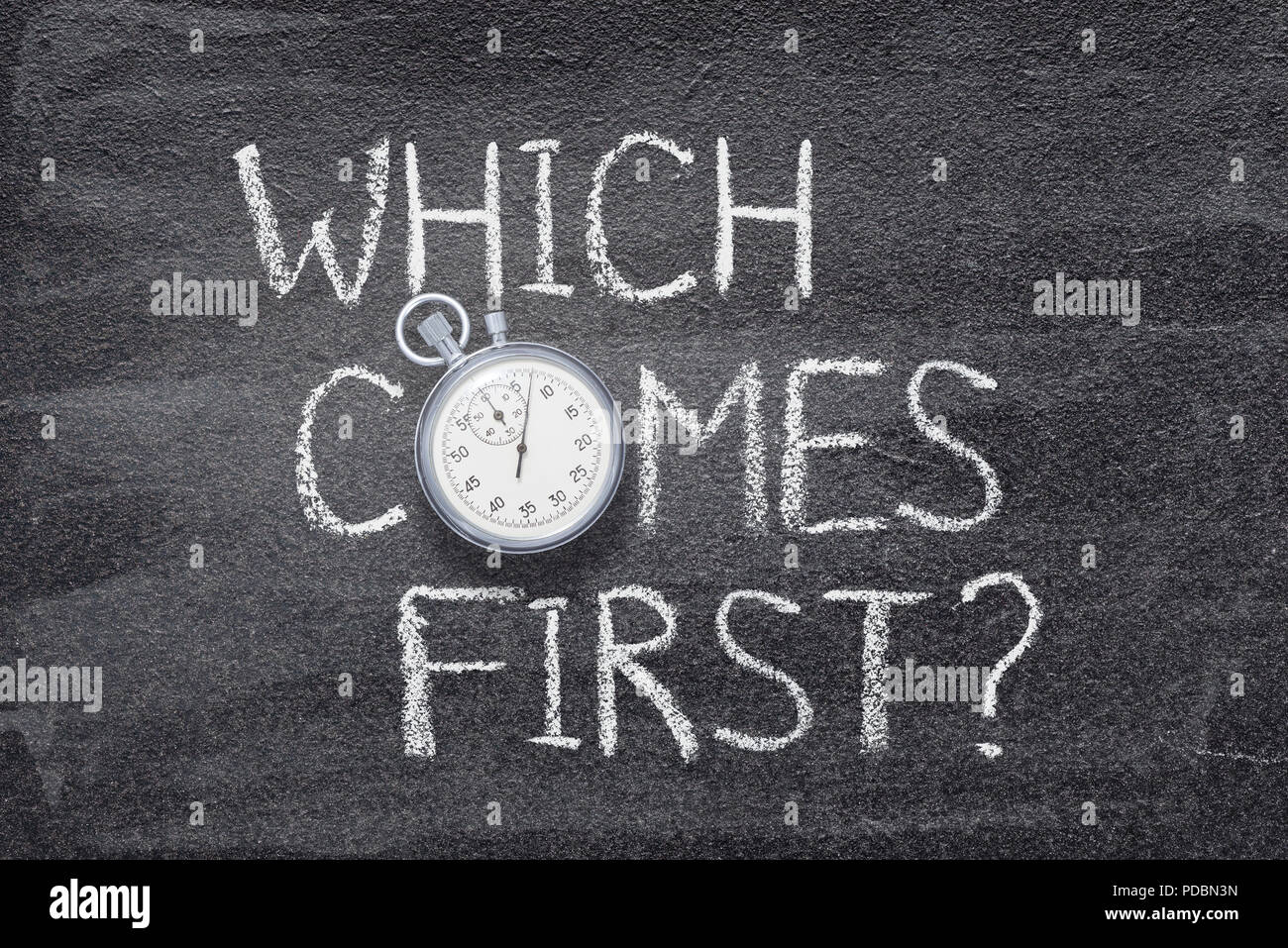 which comes first question handwritten on chalkboard with vintage ...