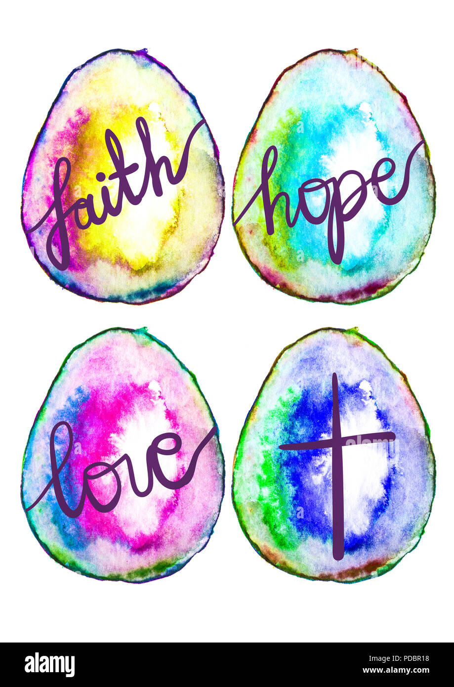 Watercolor illustration of 4 Easter eggs, rainbows color, with ...