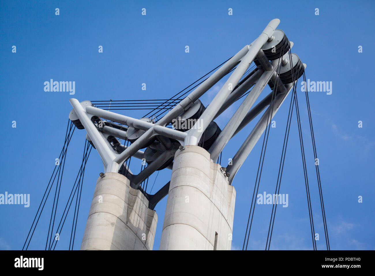 A detail showing the cables of the vertical lift bridge over the Seine ...