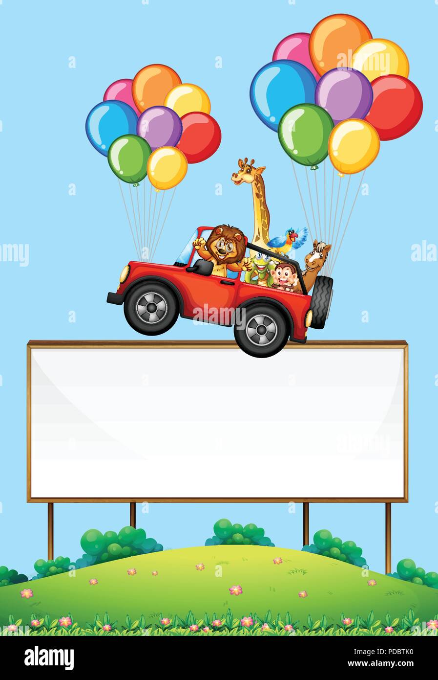 blank sign with animals in a floating car illustration Stock Vector ...