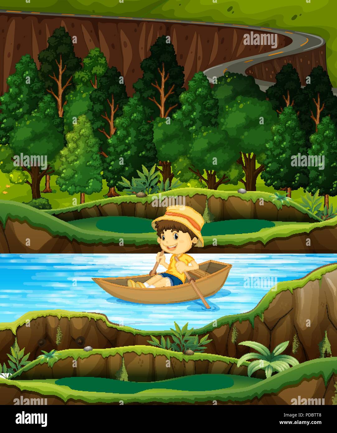 Boy in a row boat on a stream illustration Stock Vector Image & Art - Alamy