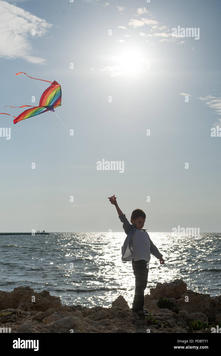 Boy kite flying sunset hi-res stock photography and images - Alamy