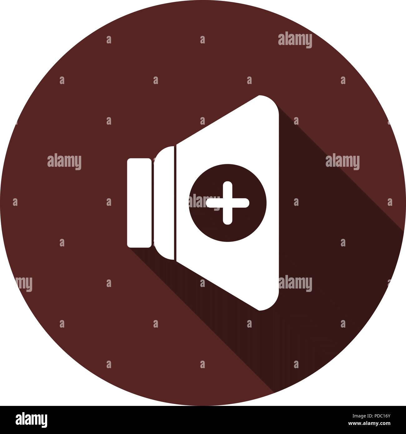 Vector image. Speaker icon with a plus sign on a dark maroon circle ...
