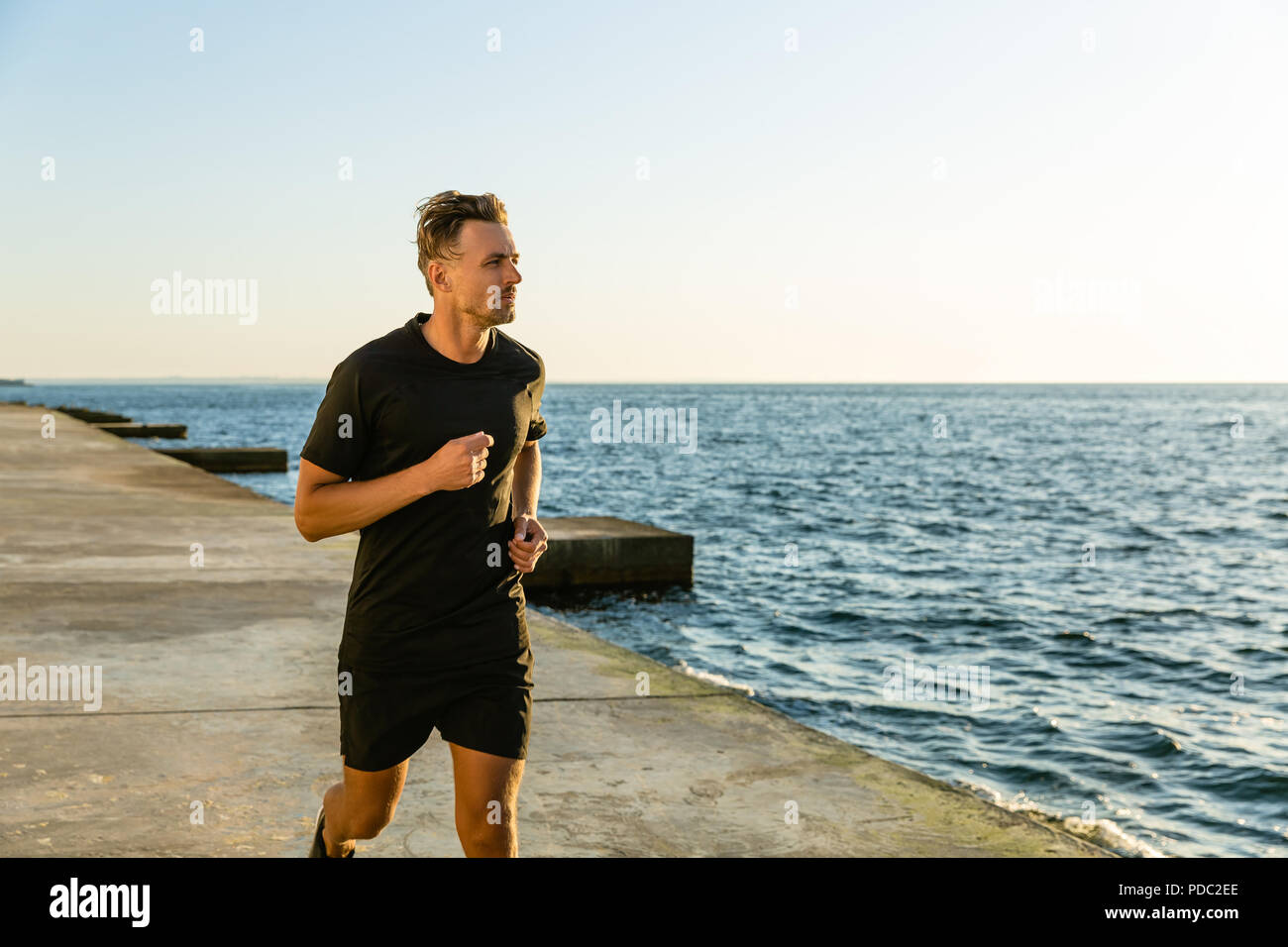 adult sportsman jogging on seashore in morning Stock Photo - Alamy