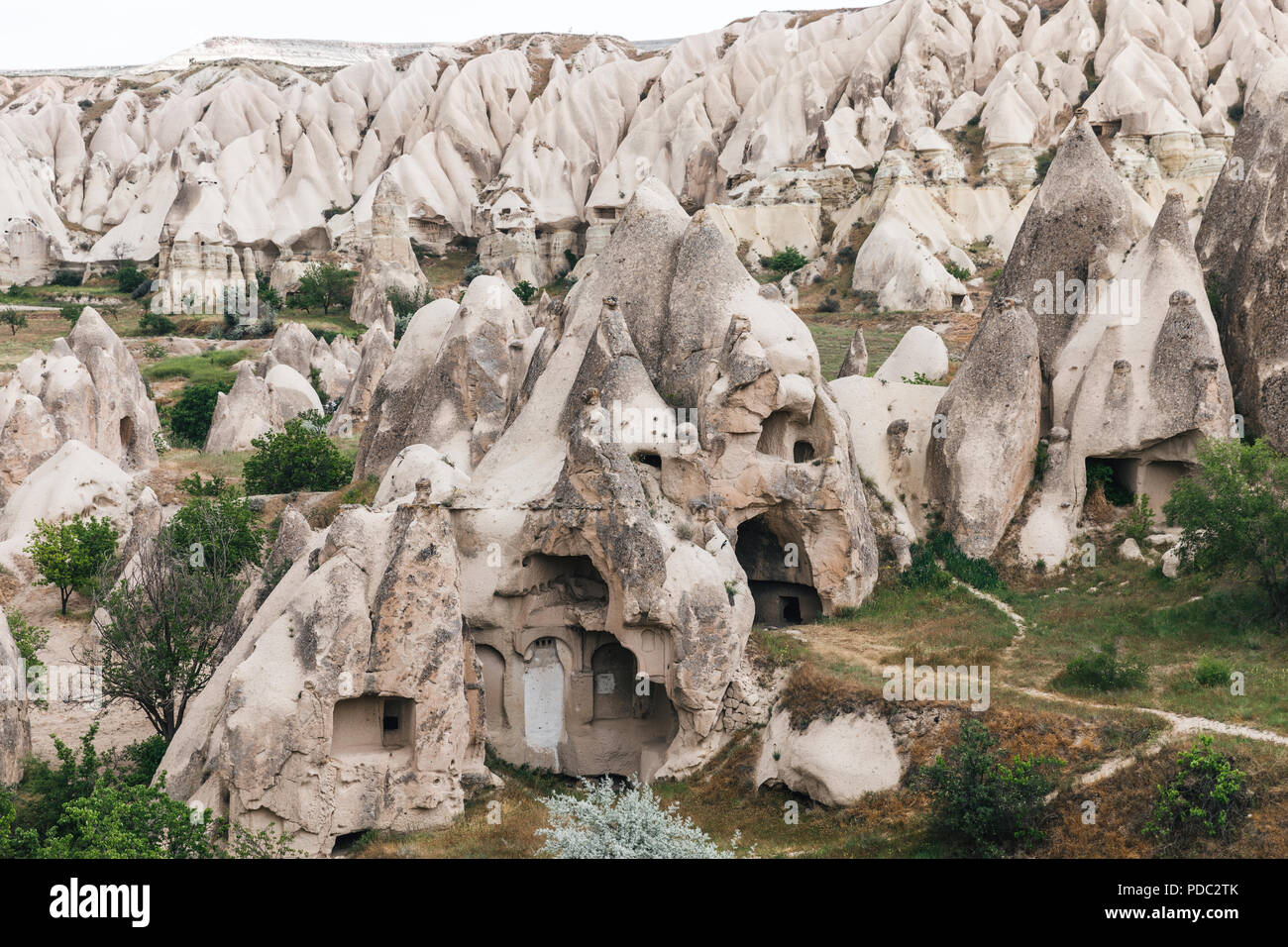 aerial view of caves and rock formations in goreme national park ...