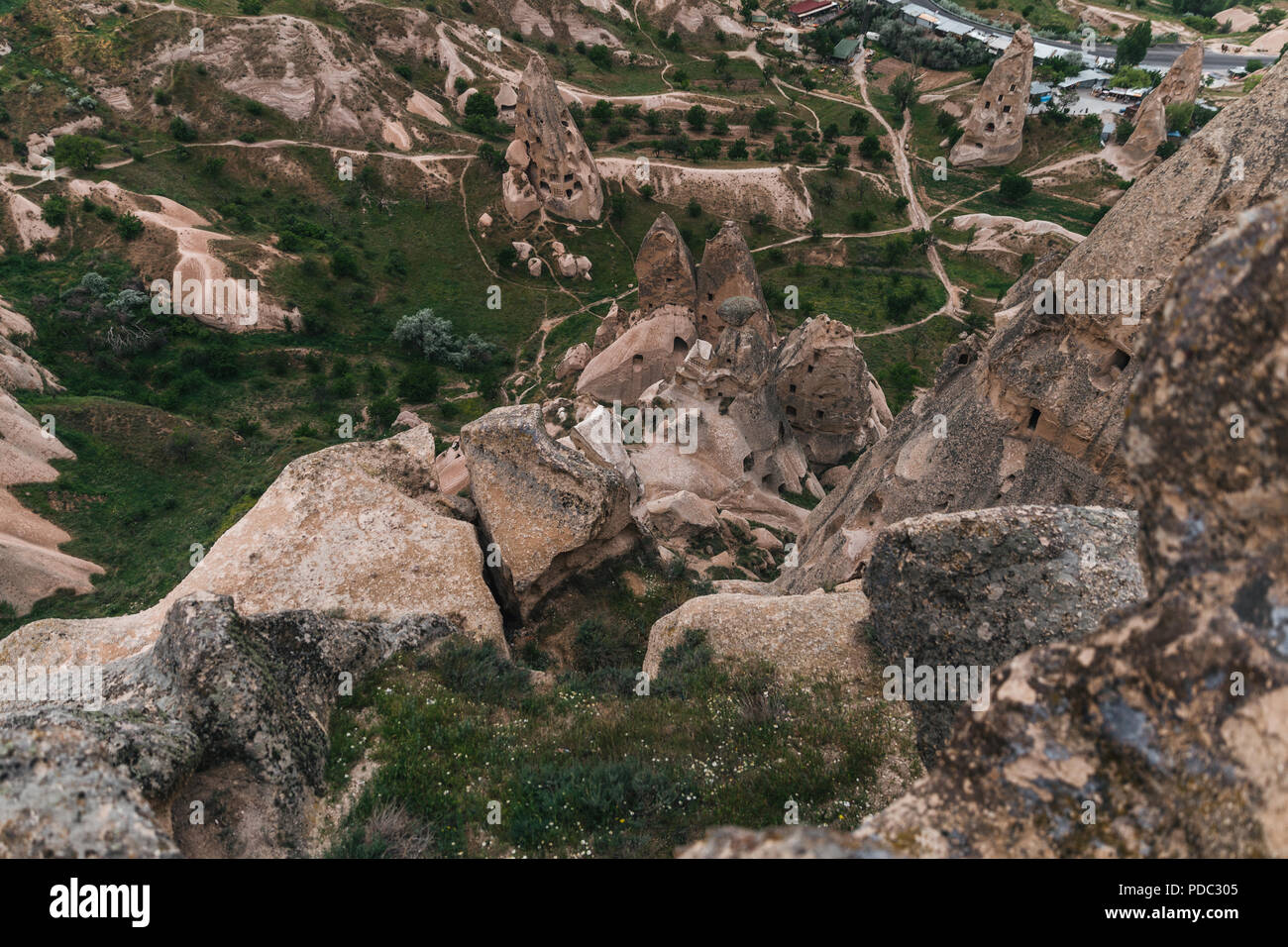 aerial view of majestic landscape with bizarre rock formations in ...