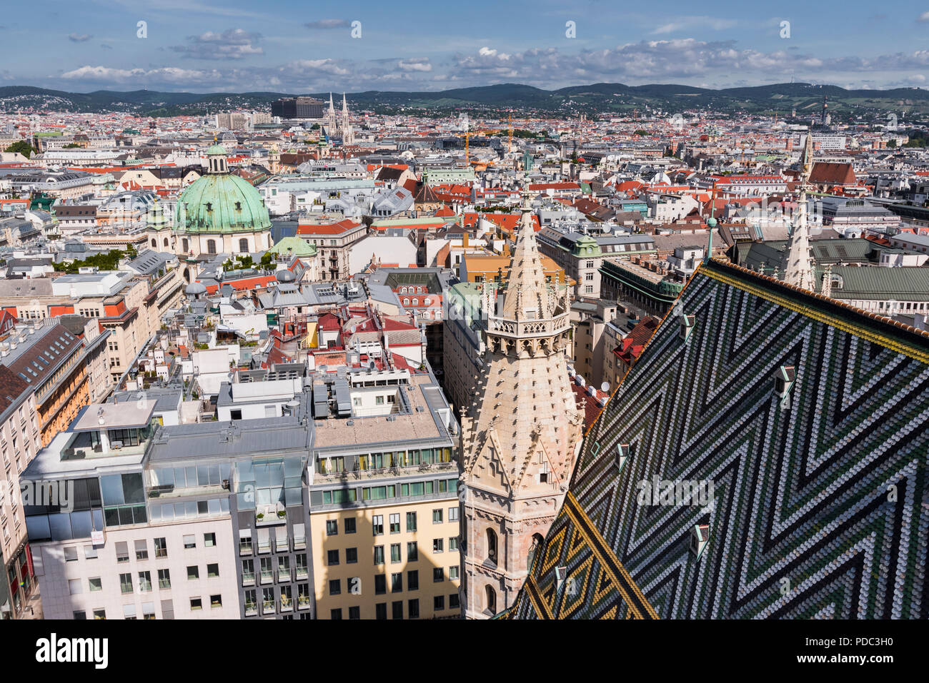 View of Vienna, Austria from St. Stephen’s Cathedral with colourful ...