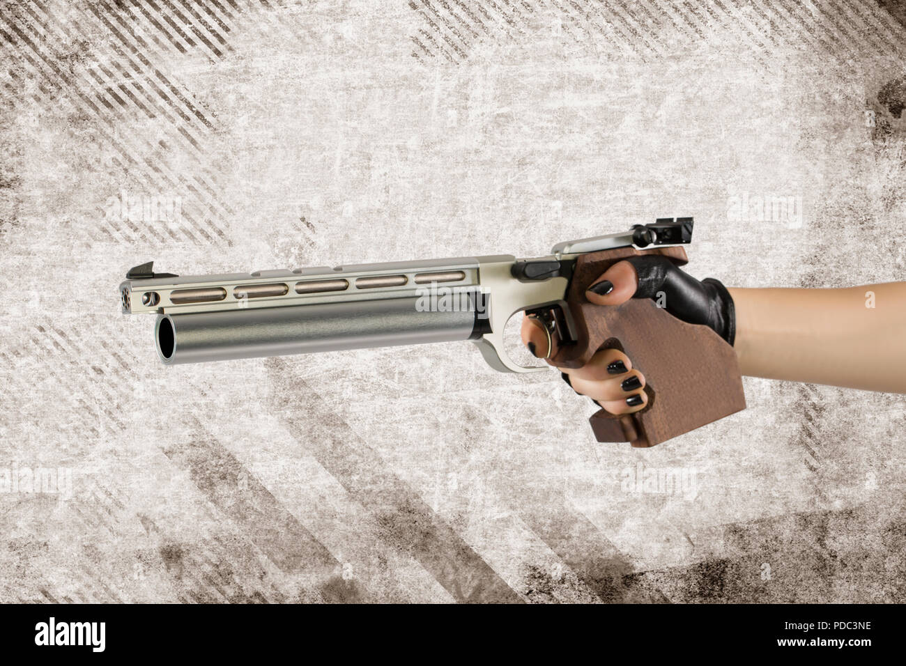 Sport laser pistol, pentathlon weapons. gun in female gloved hands ...