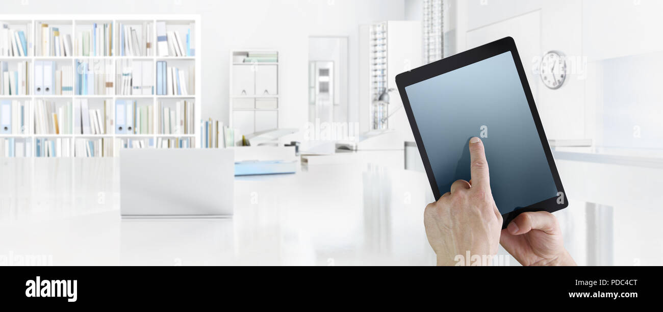 office business work concept, hand touch screen of digital tablet, web ...
