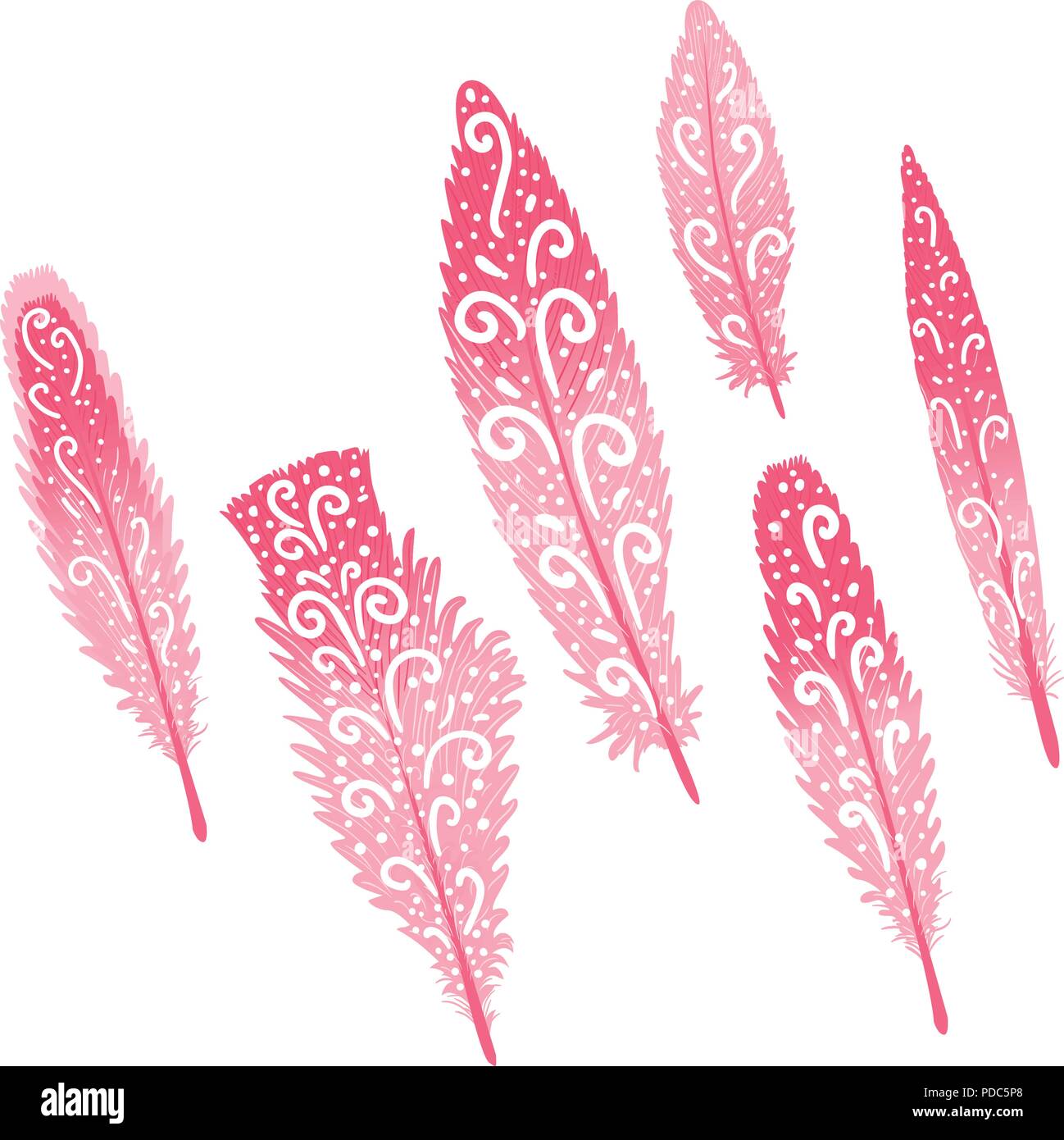 Flamingo feather pink hand drawn swirls. Vector illustration isolated ...