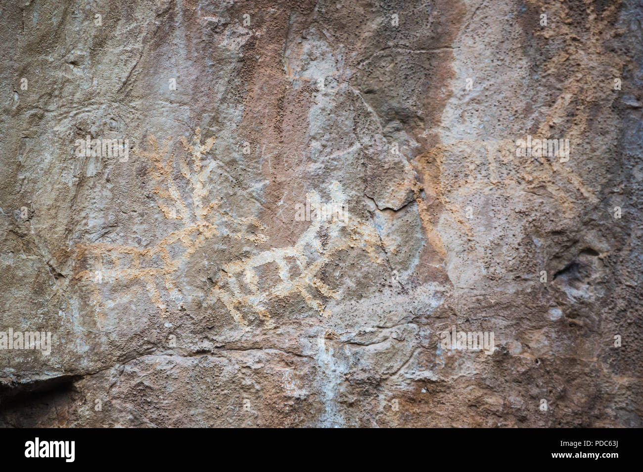 Ancient prehistoric archaeological rock drawings on cliff face of ...
