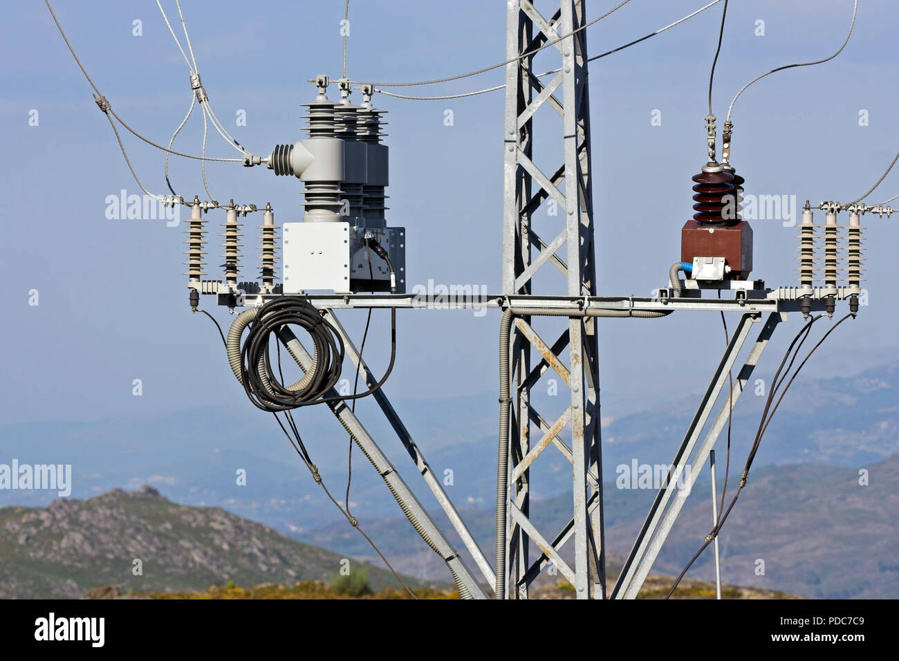 Utility tower showing some details in the high mountain Stock Photo - Alamy