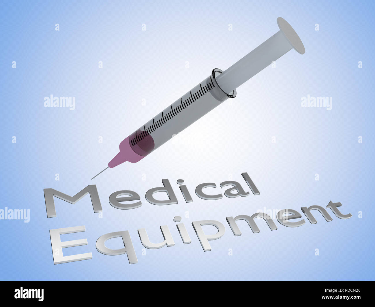 3D illustration of Medical Equipment script with syringe on blue ...
