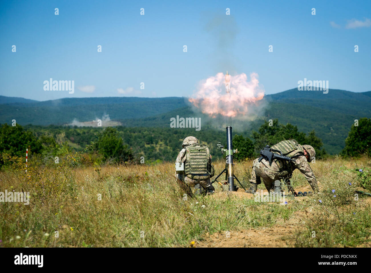 Montenegrin soldiers fire an 81mm mortar during Exercise Platinum Lion ...