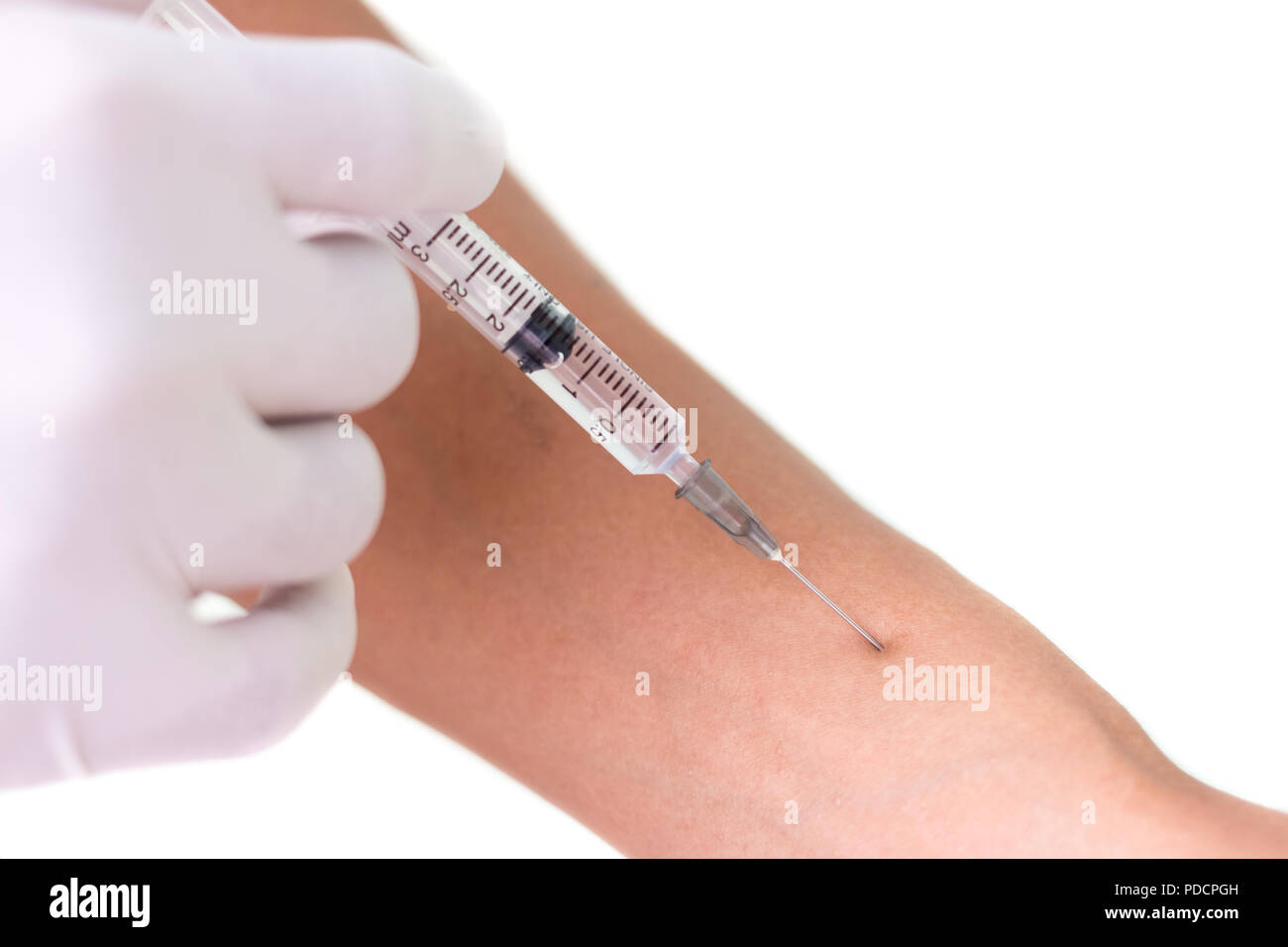 Doctor Injecting Patient With Syringe To Collect Blood On White ...