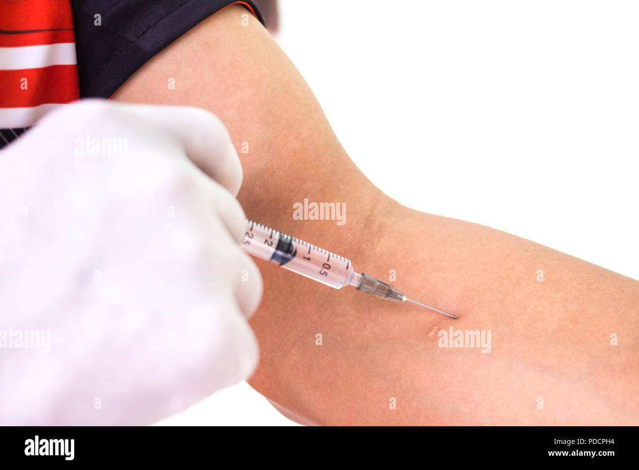Doctor Injecting Patient With Syringe To Collect Blood On White ...