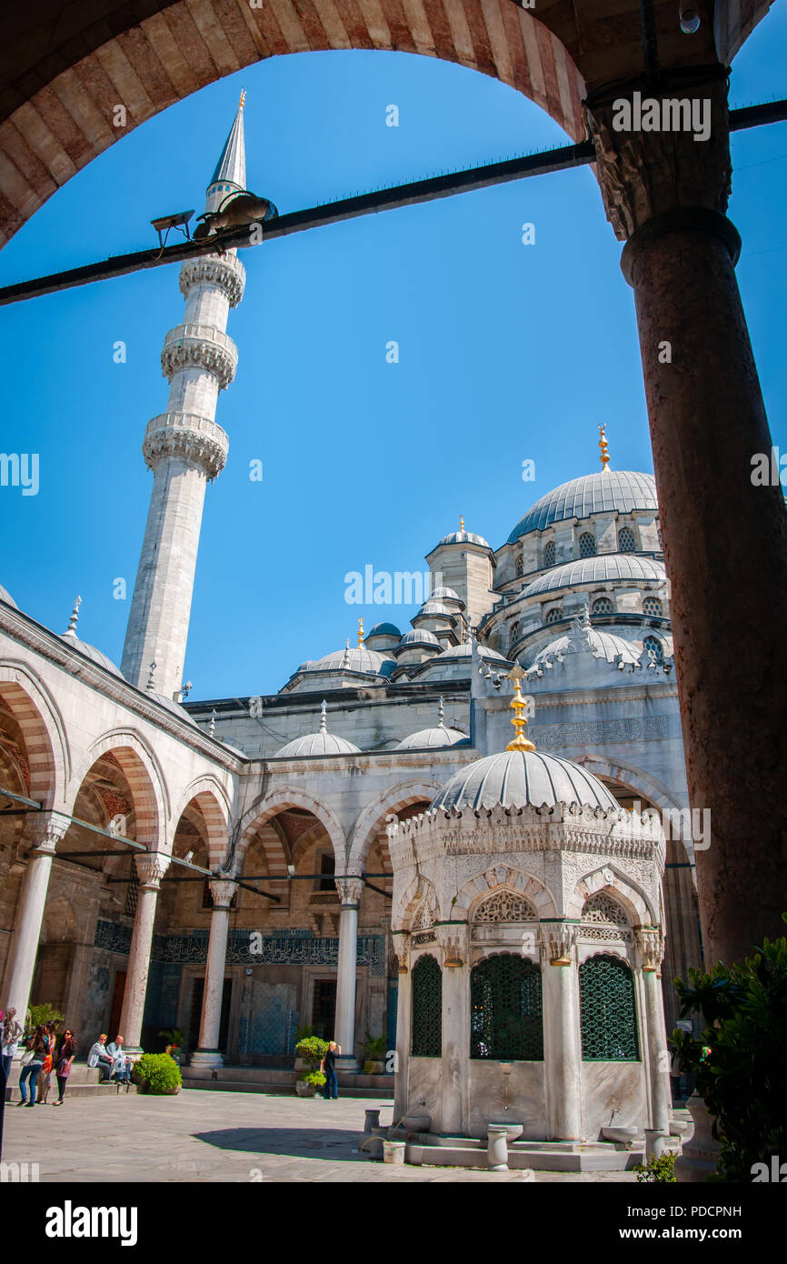 ISTANBUL, TURKEY - APRIL, 30: The courtyard of the famous New mosque ...