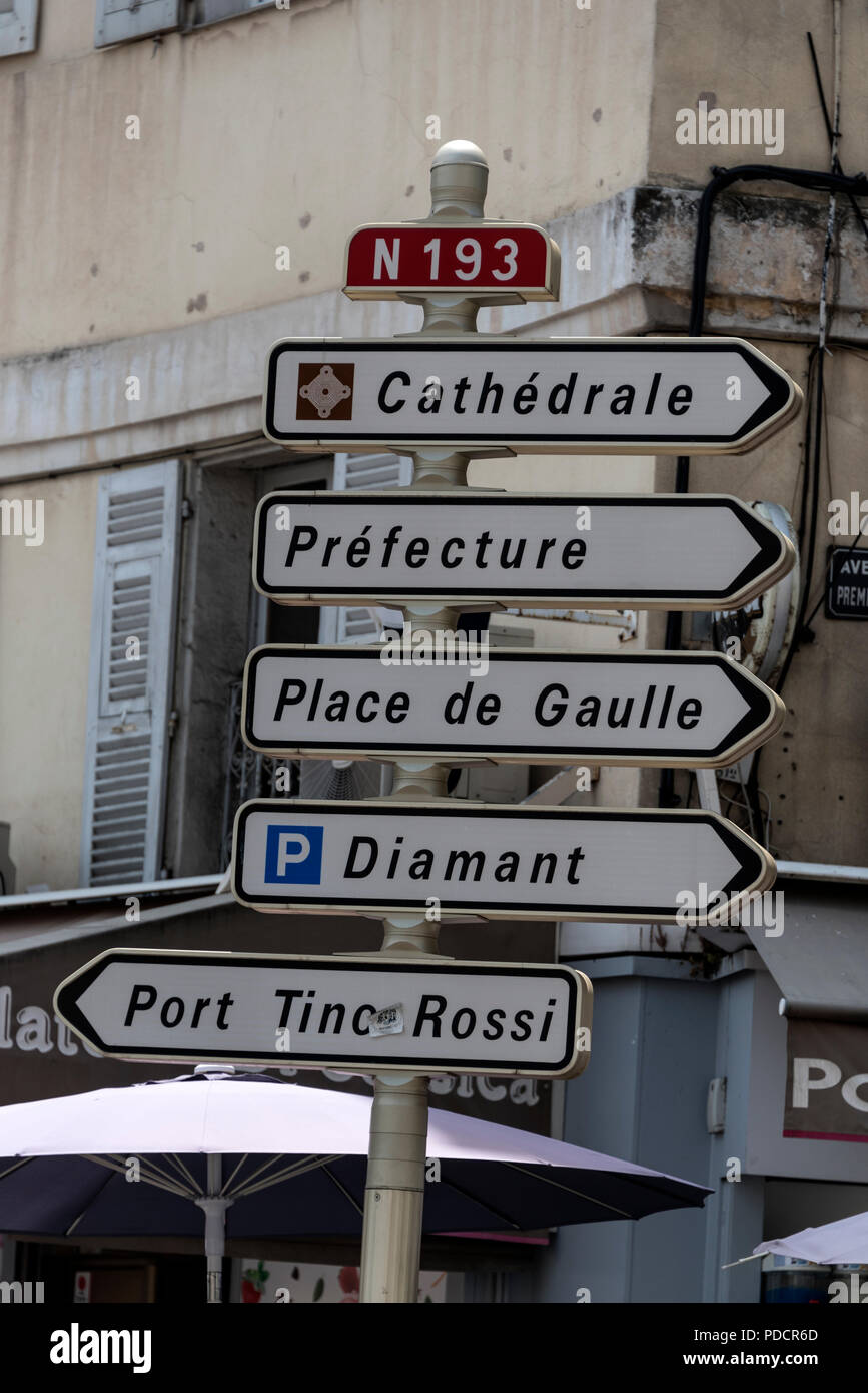 Road direction sign in Ajaccio on Corsica, France Stock Photo - Alamy