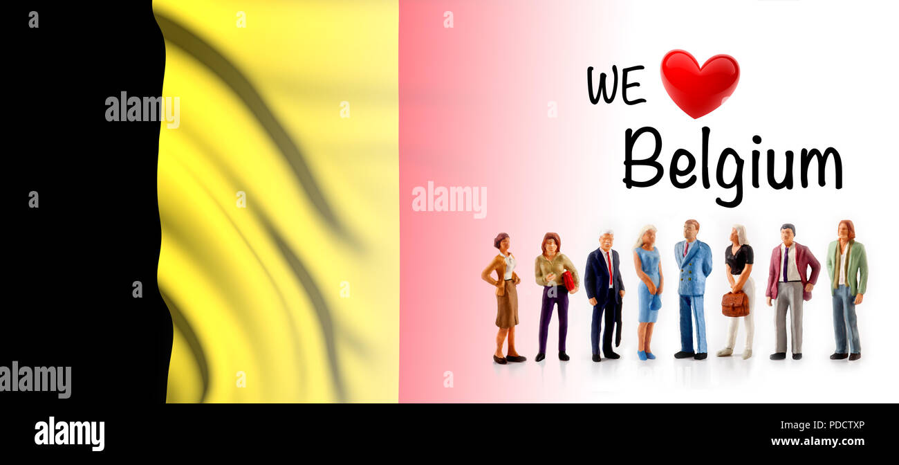 we love Belgium, A group of people pose next to the Belgian flag Stock ...
