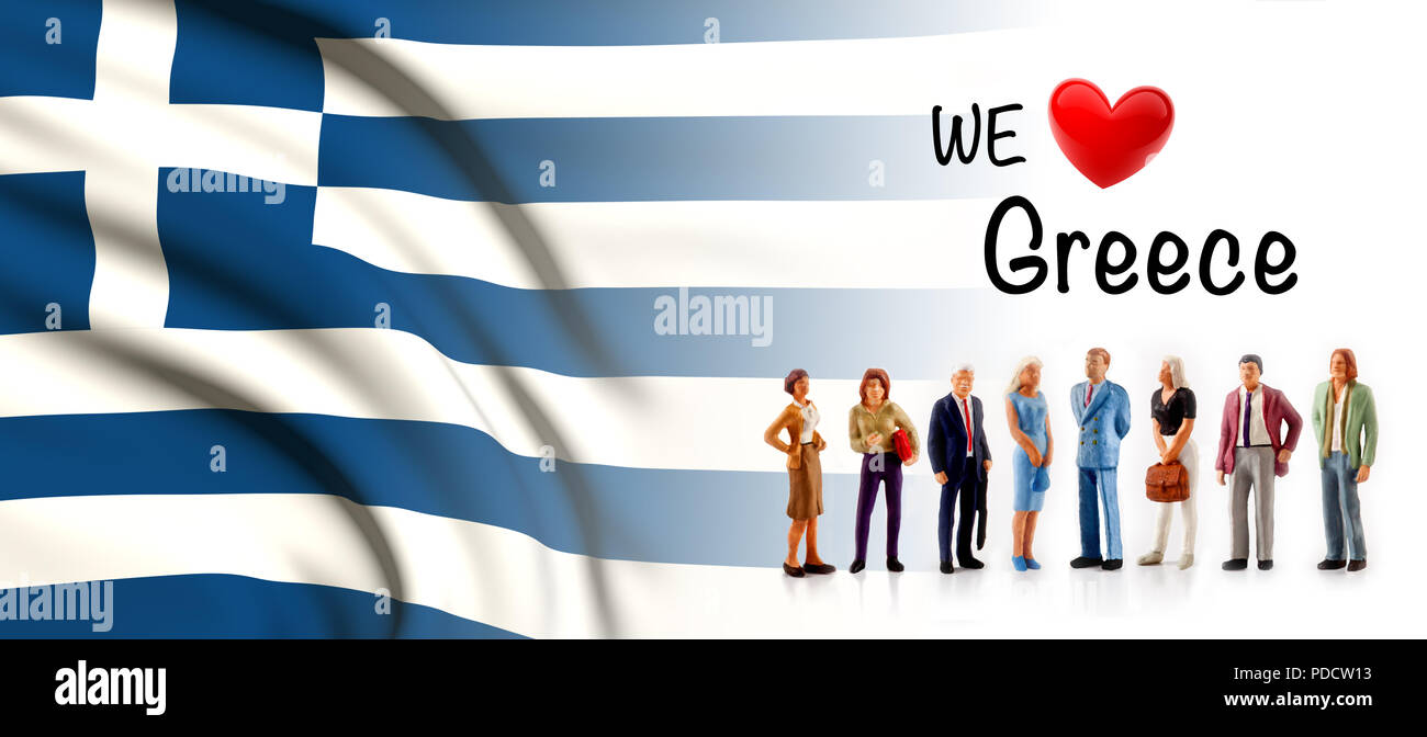 we love Greece, A group of people pose next to the Greek flag Stock ...